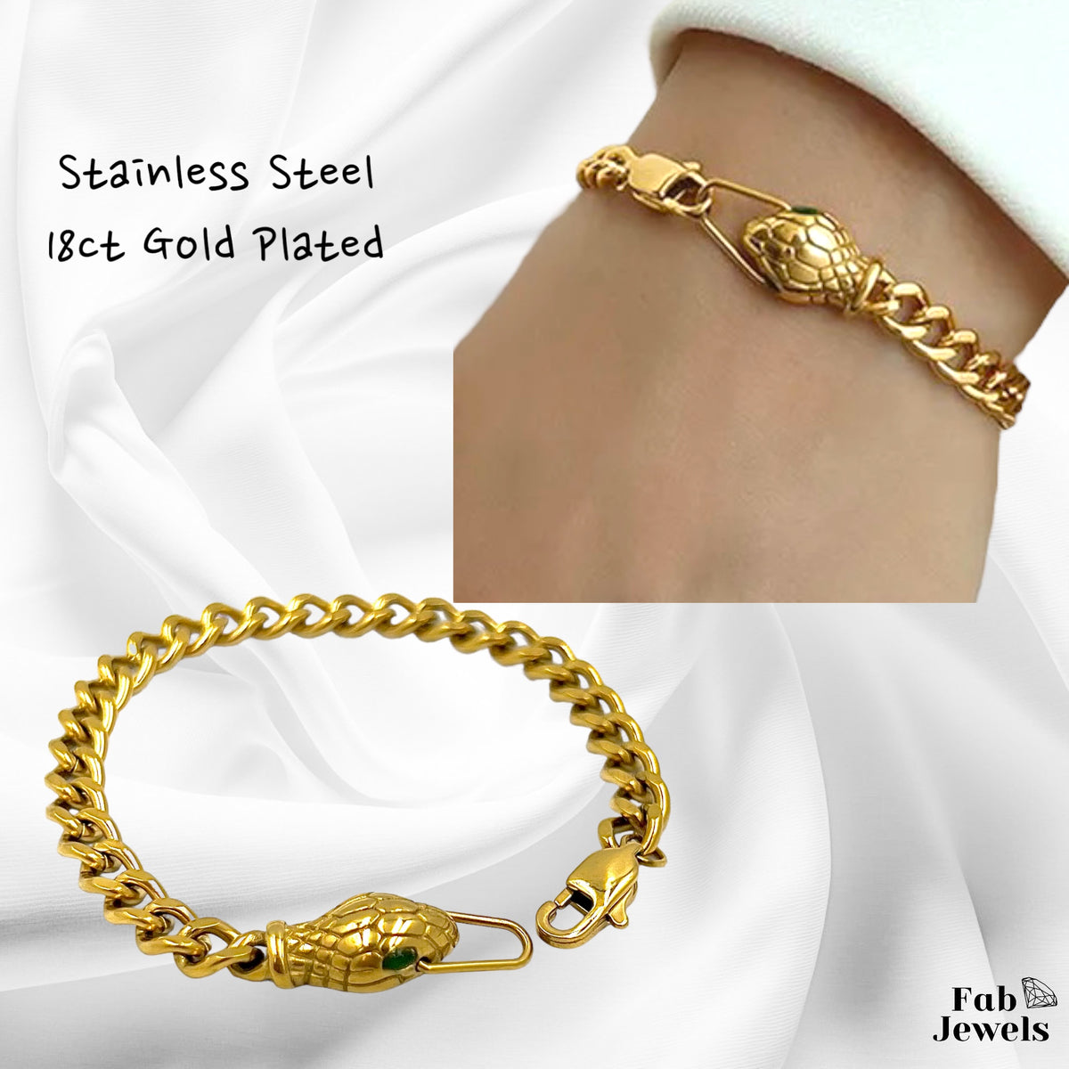 18ct Yellow Gold Plated or Silver S/Steel Stylish Curb Chain Snake Bra ...
