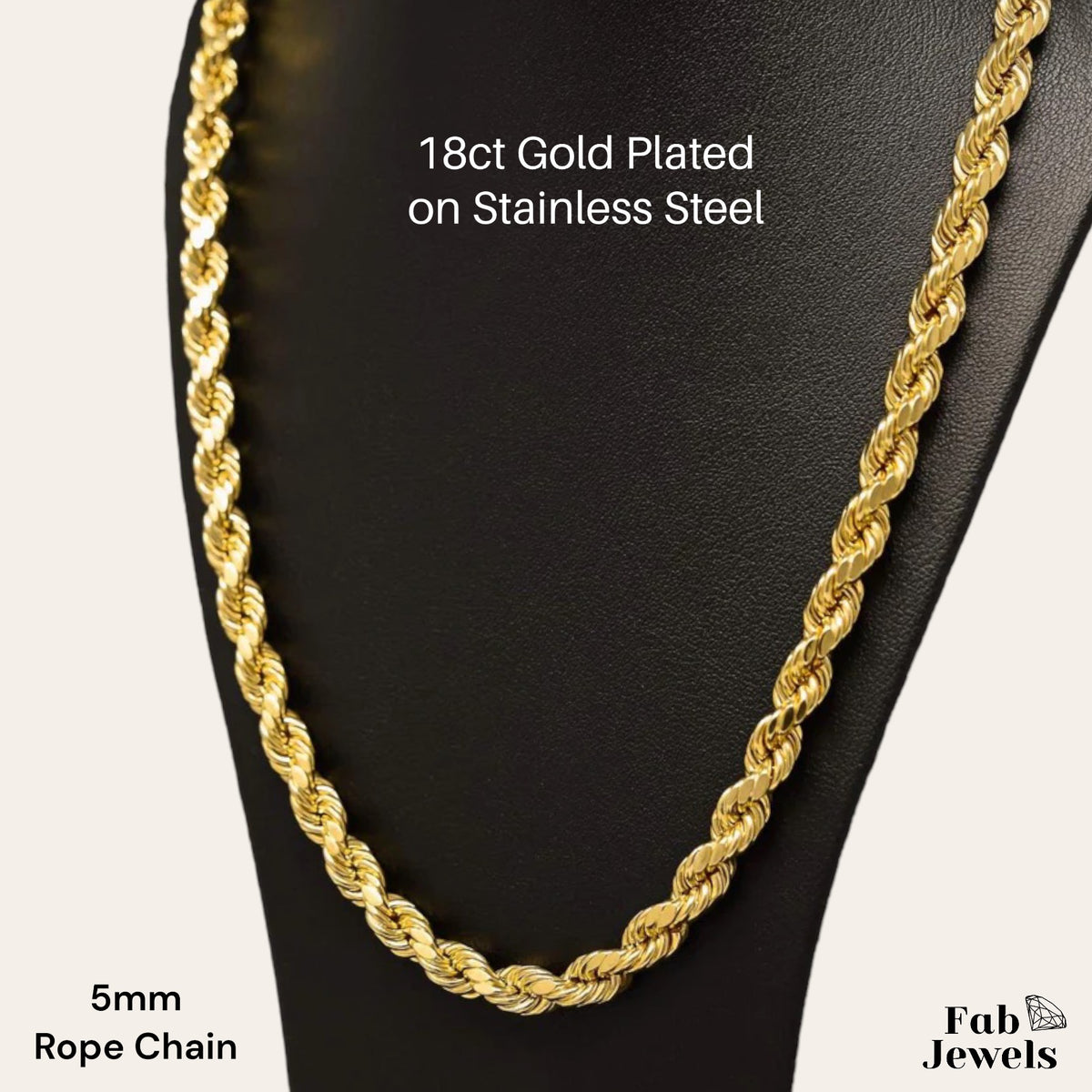 18ct Gold Plated on Stainless Steel 5mm Thick Rope Chain – FabJewels 4less