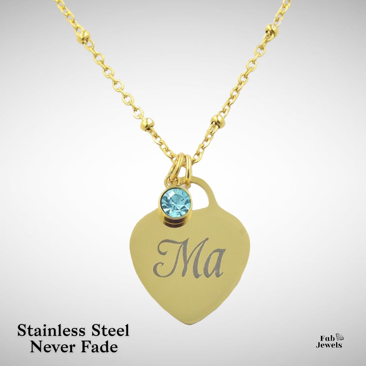 Engraved Stainless Steel ‘Ma’ Heart Pendant with Personalised Birthsto ...